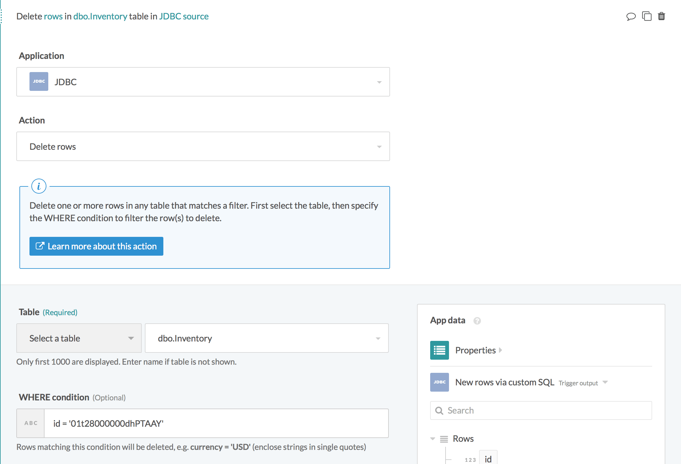 Workato Connectors JDBC Delete Actions Workato Docs