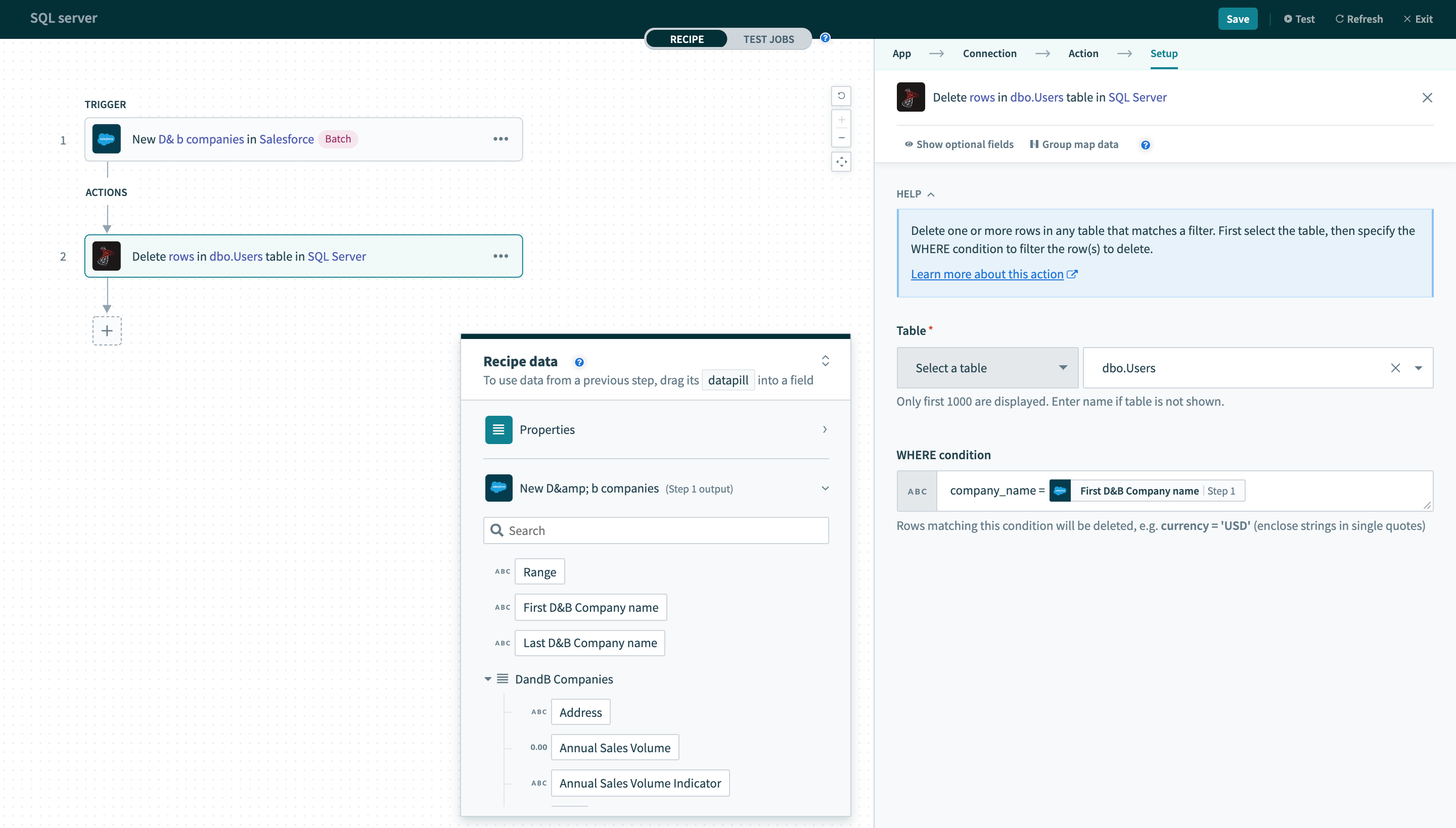 Workato Connectors SQL Server Delete Actions Workato Docs